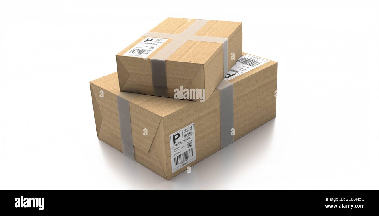 Packages to deliver, courier service. Brown boxes isolated on white ...