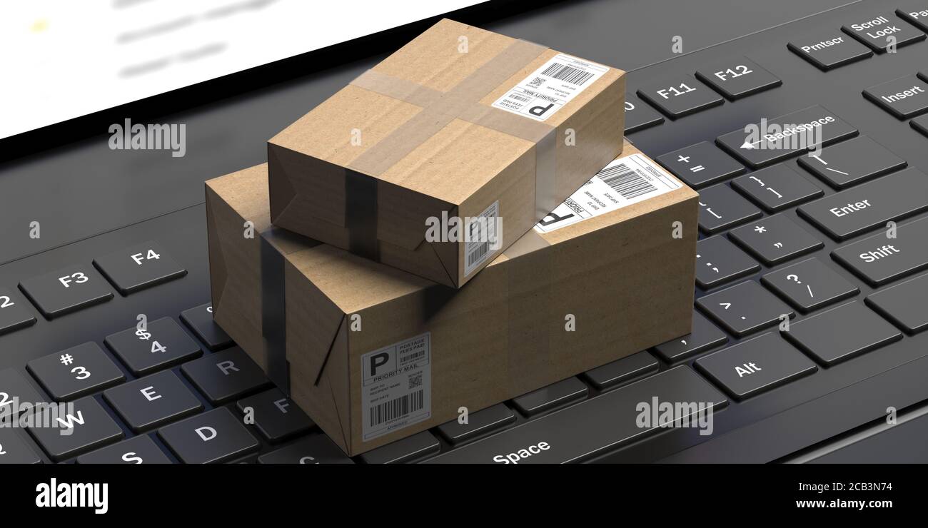 Online shopping, e-commerce and package delivery concept, Brown parcels ...