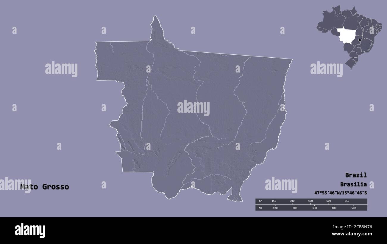 Shape of Mato Grosso, state of Brazil, with its capital isolated on ...