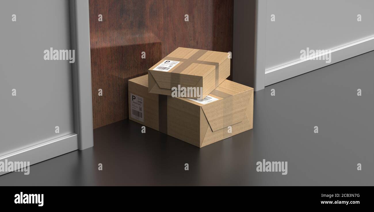 Parcels delivered, doorstep delivery concept. Brown boxes on gray floor ...