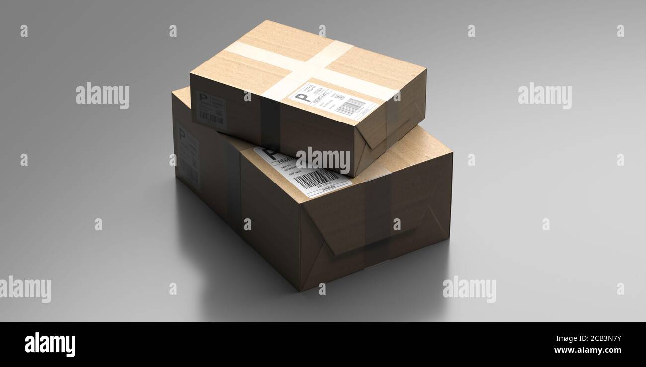 Packages to deliver, courier service. Brown boxes isolated on gray ...