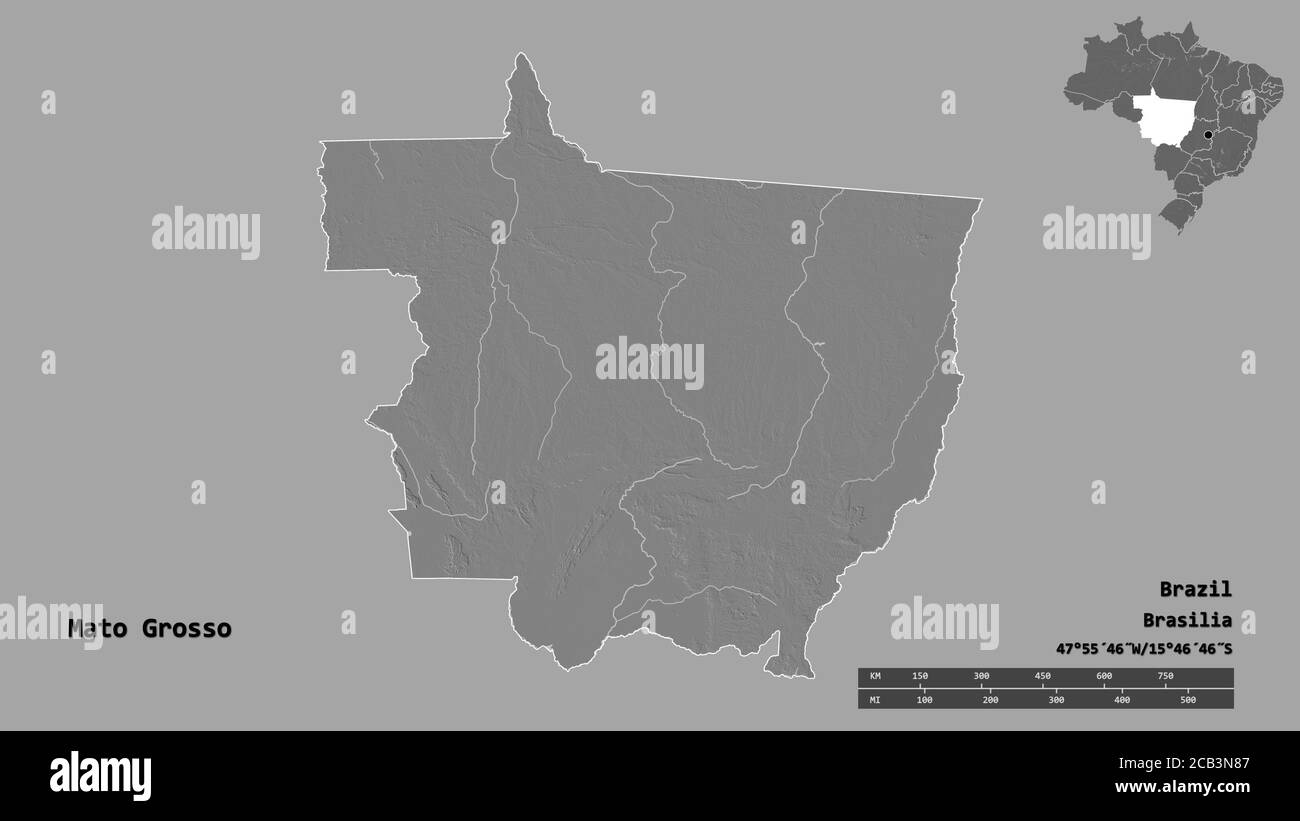 Shape of Mato Grosso, state of Brazil, with its capital isolated on ...