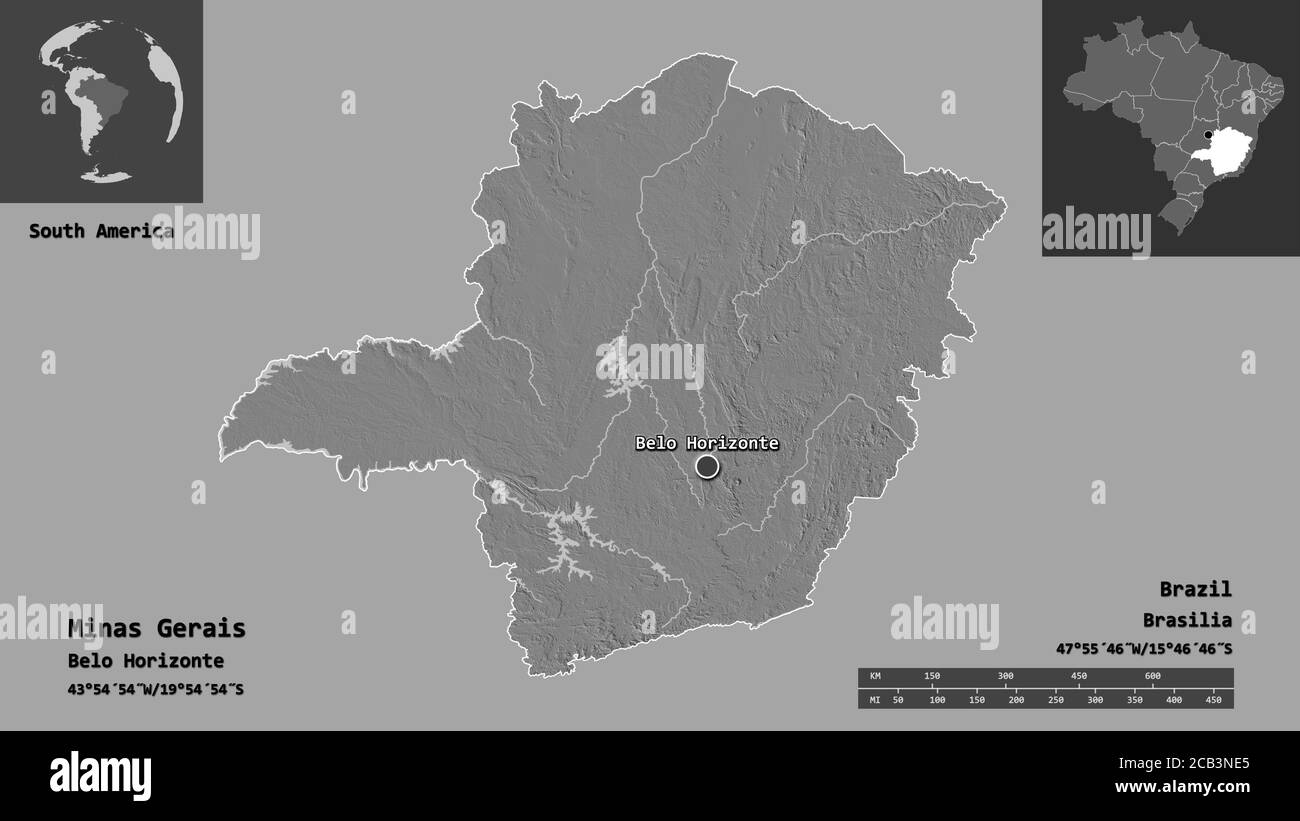 Shape of Minas Gerais, state of Brazil, and its capital. Distance scale ...