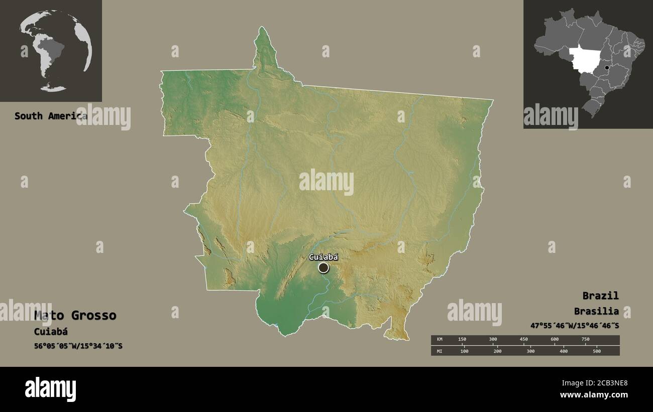Shape of Mato Grosso, state of Brazil, and its capital. Distance scale ...