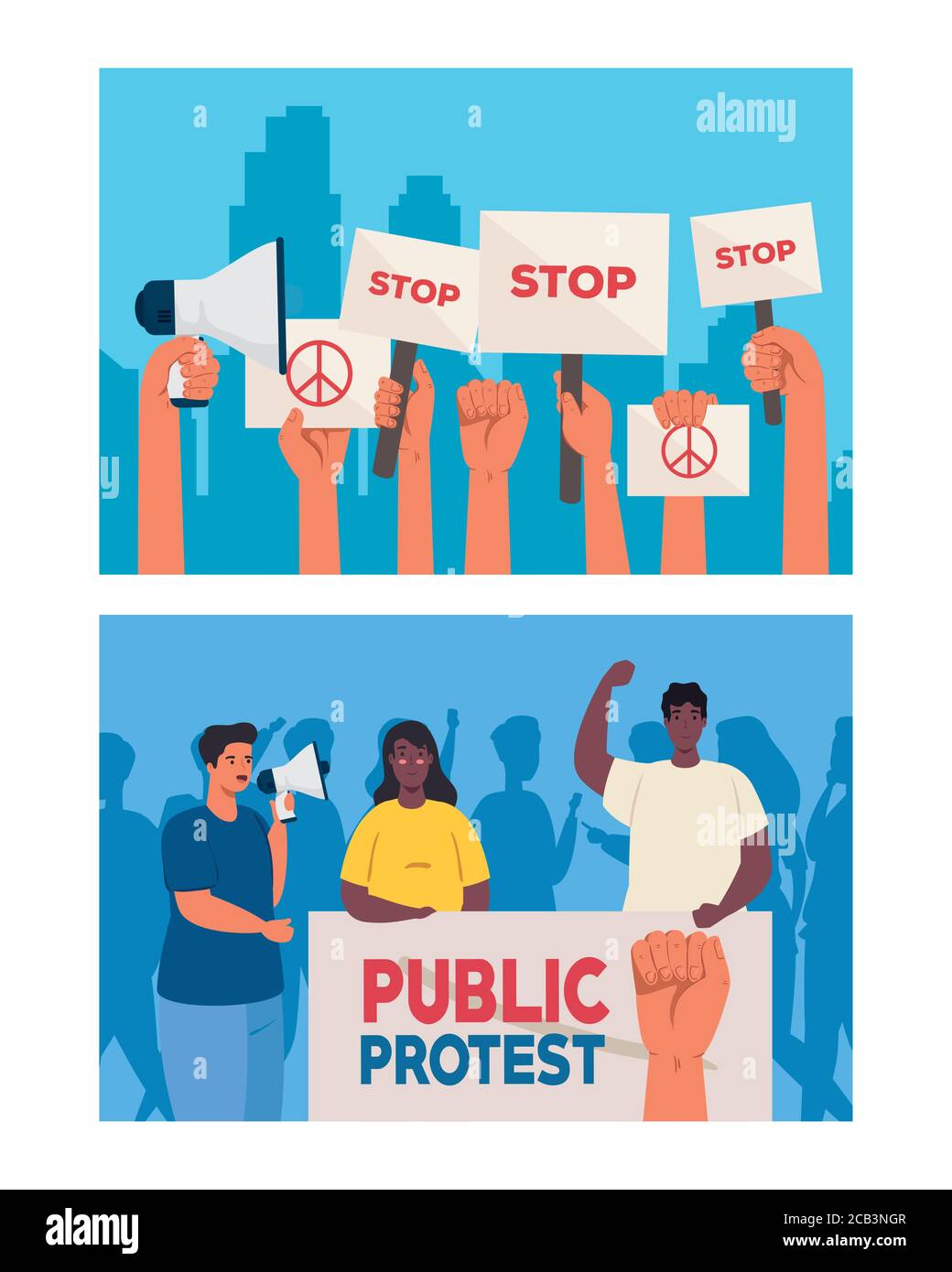 set of scenes people on protests with placards, human right concept ...