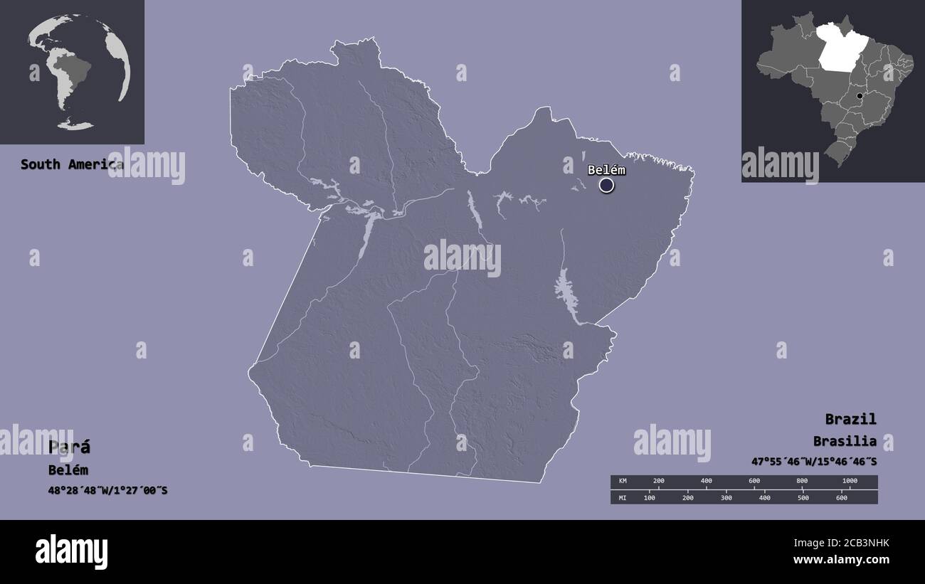 Shape of Pará, state of Brazil, and its capital. Distance scale ...