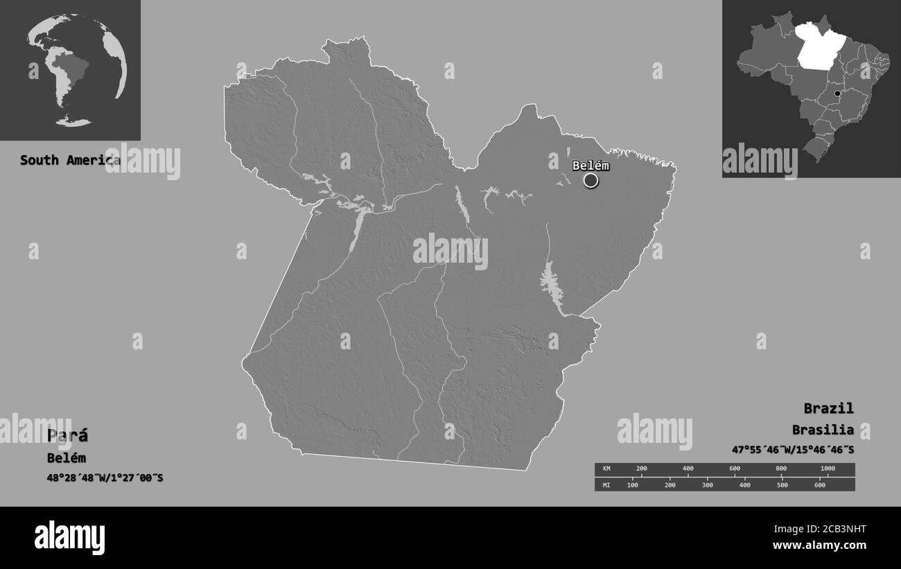 Shape of Pará, state of Brazil, and its capital. Distance scale ...