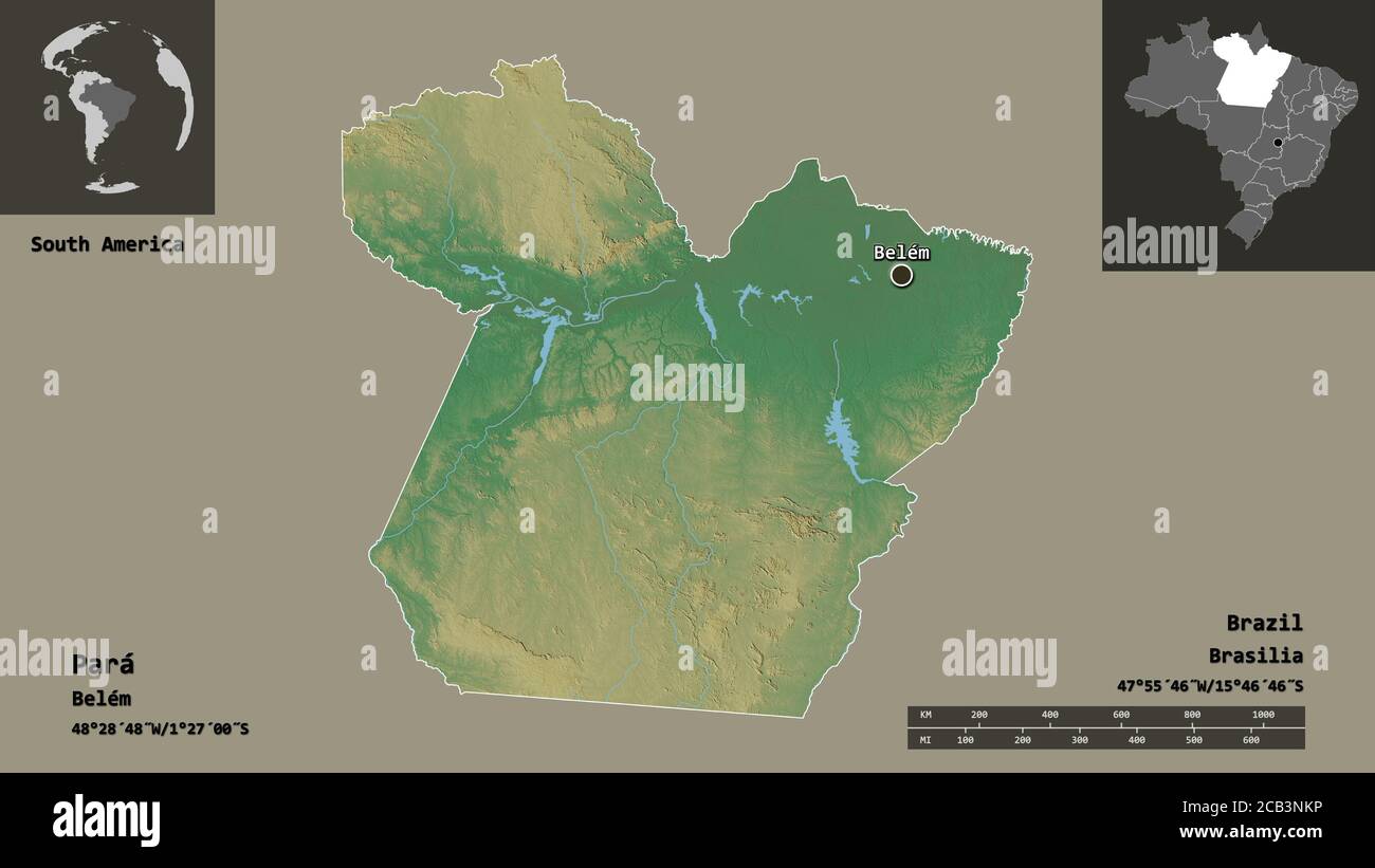 Shape of Pará, state of Brazil, and its capital. Distance scale ...