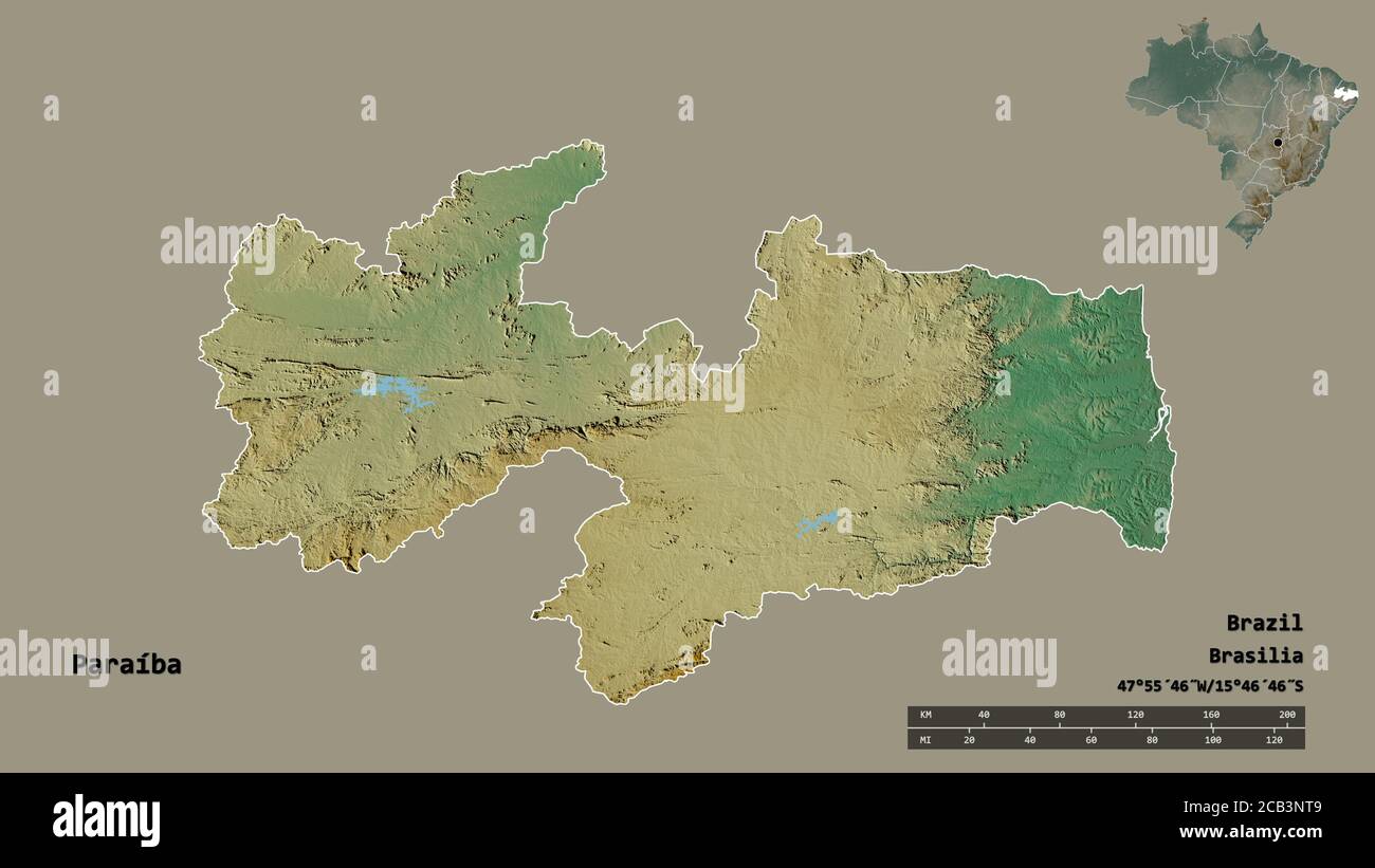 Shape of Paraíba, state of Brazil, with its capital isolated on solid ...