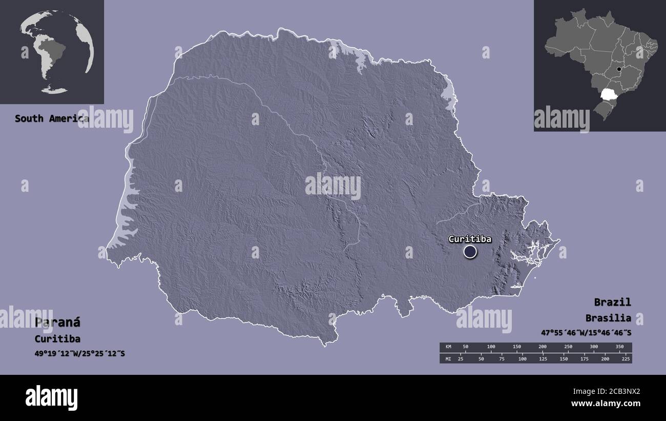 Shape of Paraná, state of Brazil, and its capital. Distance scale ...
