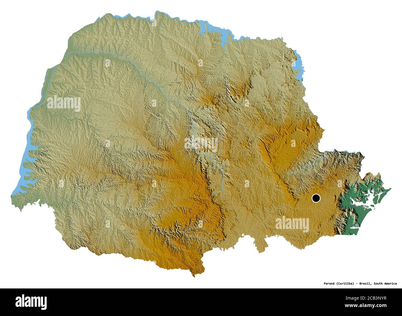 Shape of Paraná, state of Brazil, with its capital isolated on white ...