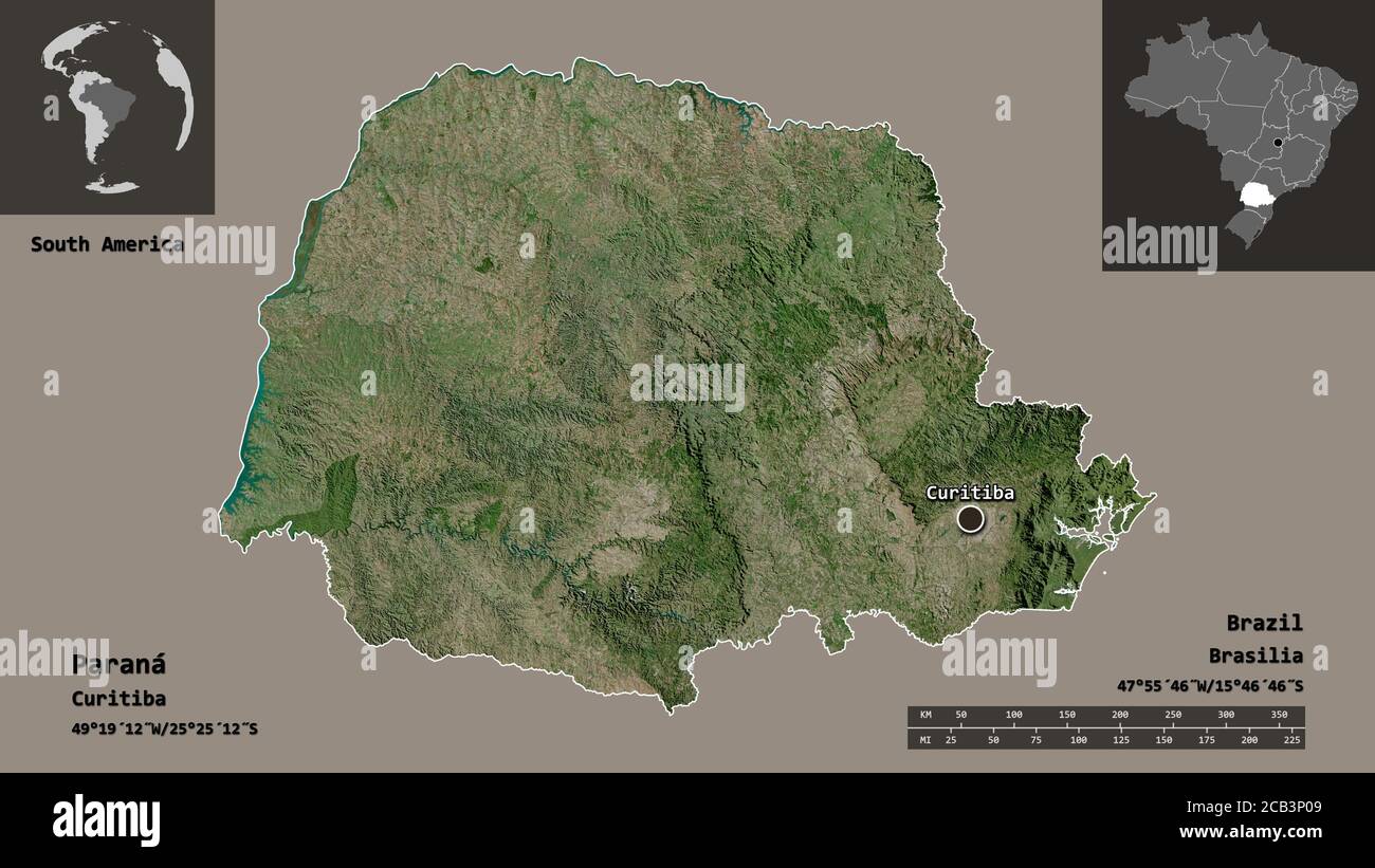 Shape of Paraná, state of Brazil, and its capital. Distance scale ...