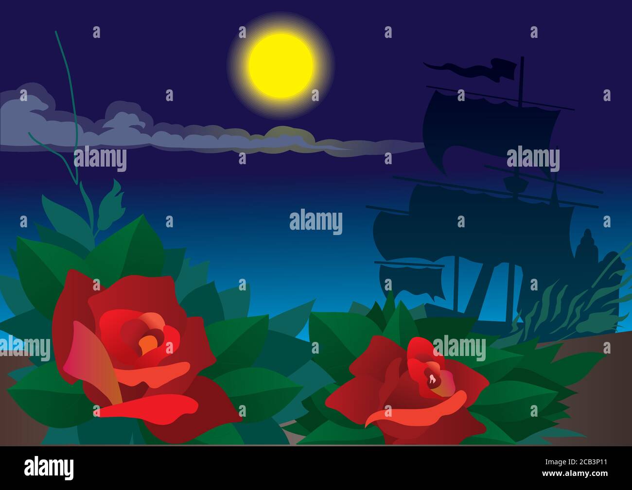 Beautiful scarlet roses against the background of the night sky and the ...