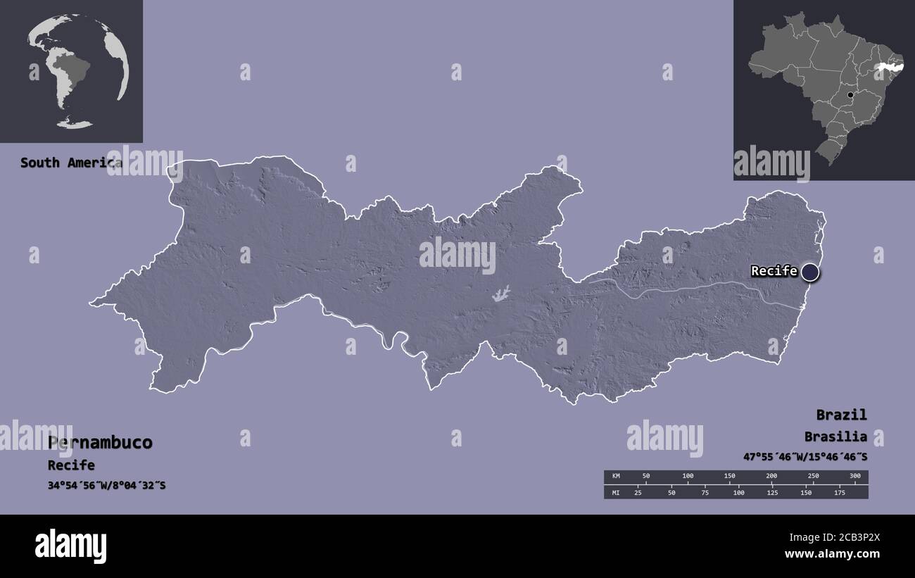 Shape of Pernambuco, state of Brazil, and its capital. Distance scale ...