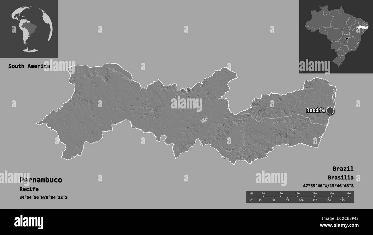 Shape of Pernambuco, state of Brazil, and its capital. Distance scale ...