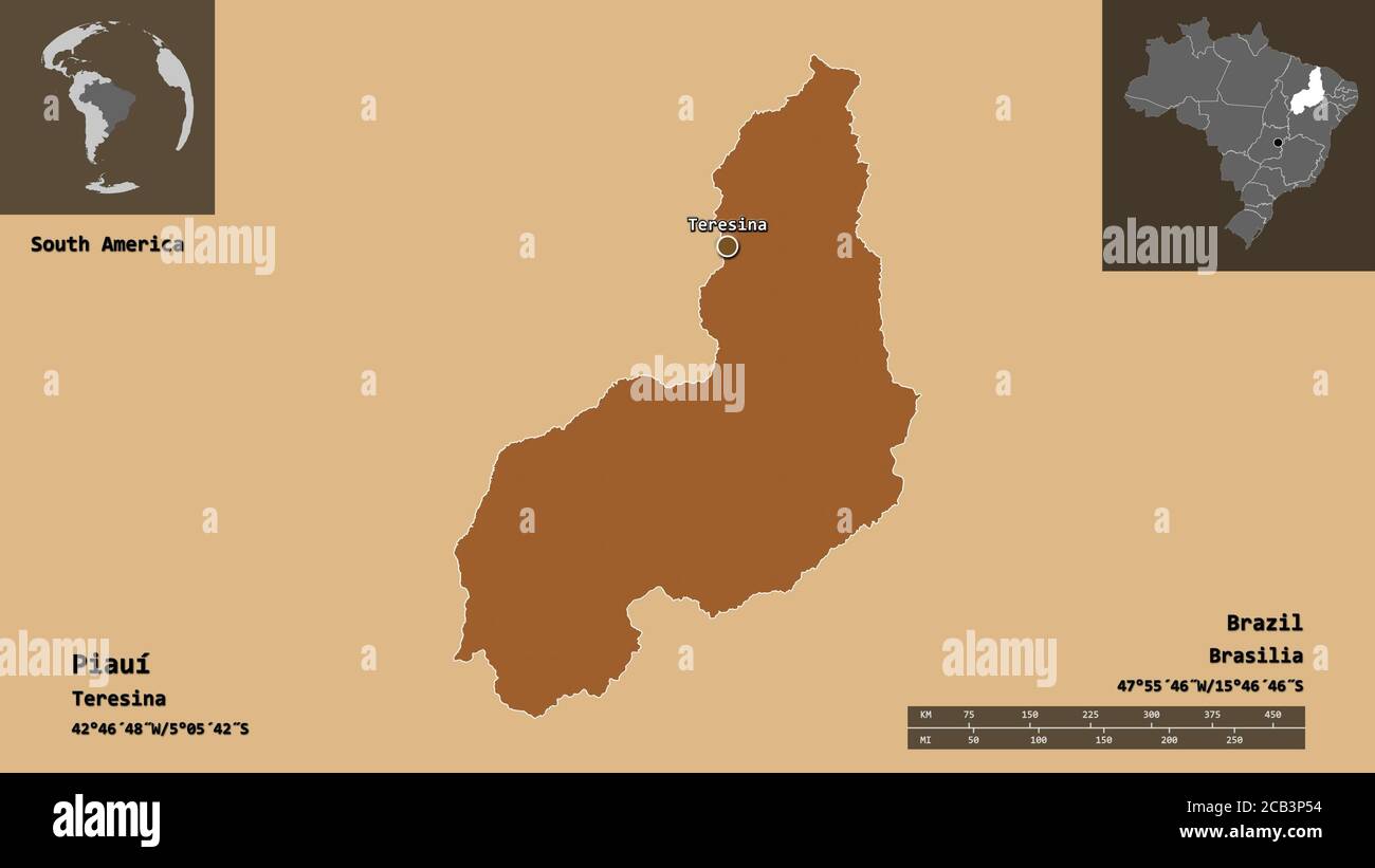 Shape of Piauí, state of Brazil, and its capital. Distance scale ...