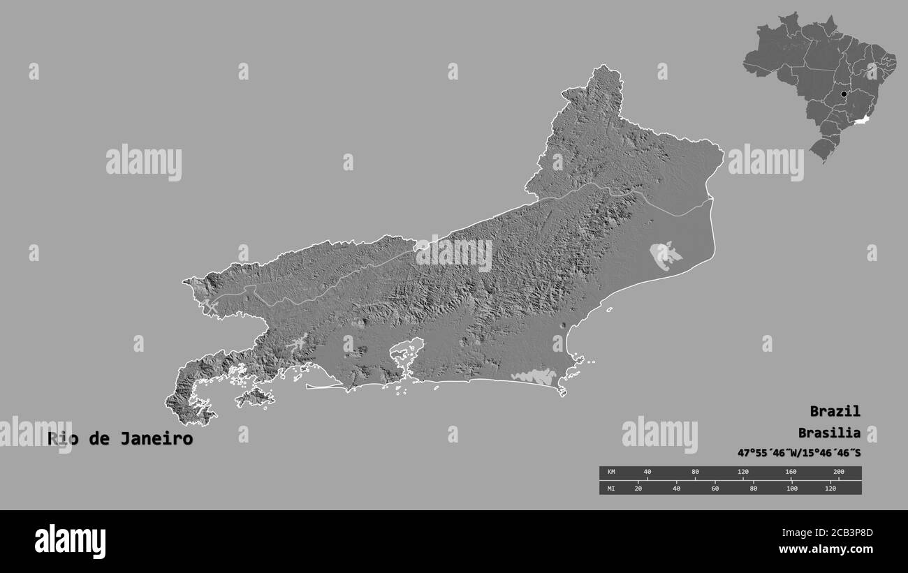 Shape of Rio de Janeiro, state of Brazil, with its capital isolated on ...