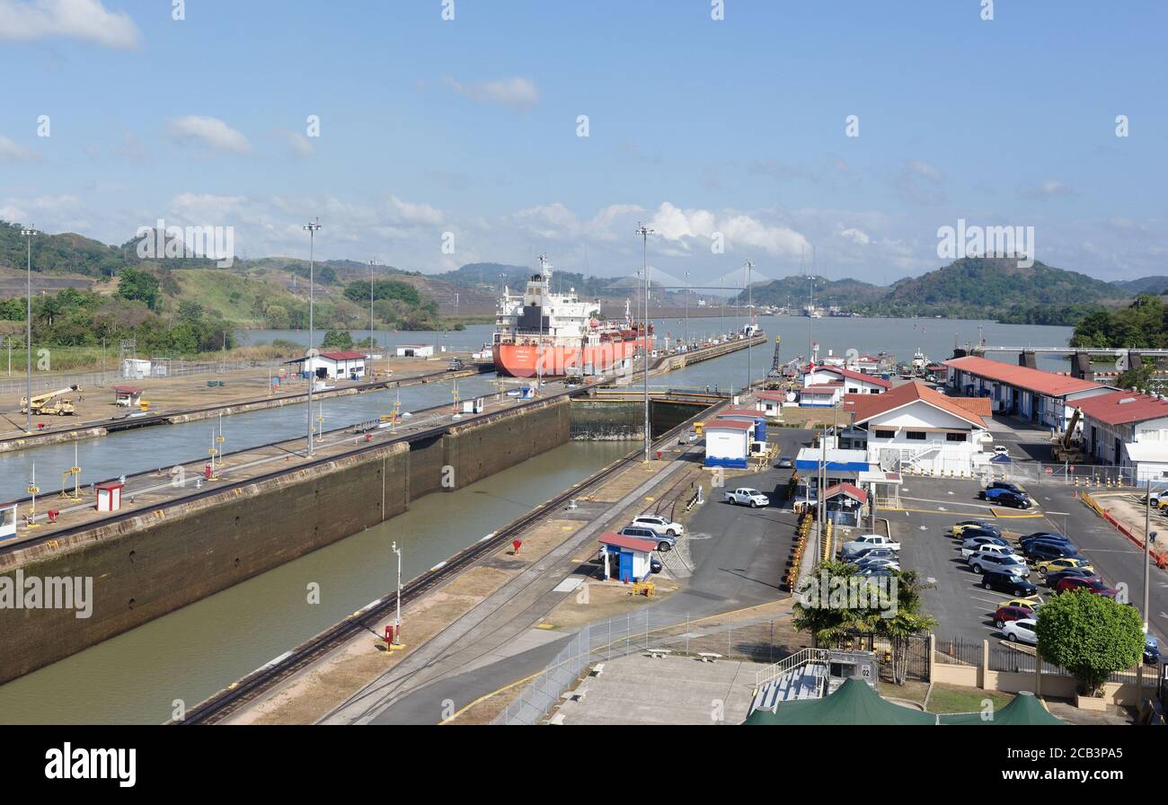 Large ship heading out of the Miraflores lock, panama Canal, Panama ...