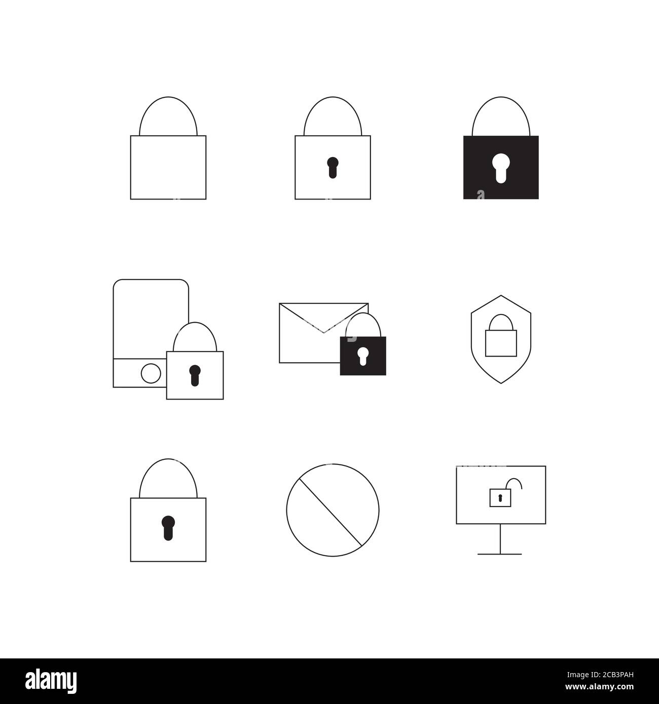 Protection and security icons set. Access lock unlock web symbols vector illustrations Stock ...