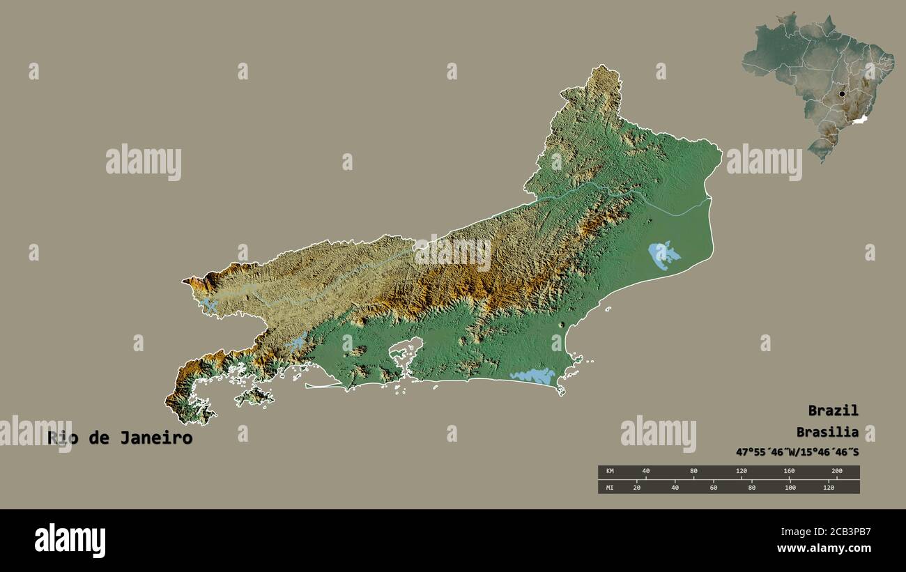 Shape of Rio de Janeiro, state of Brazil, with its capital isolated on ...