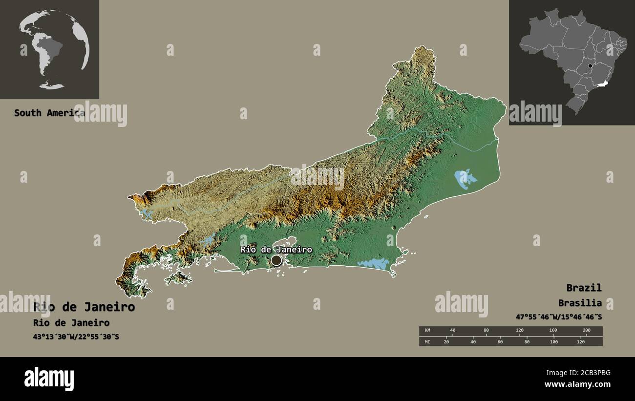 Shape of Rio de Janeiro, state of Brazil, and its capital. Distance ...