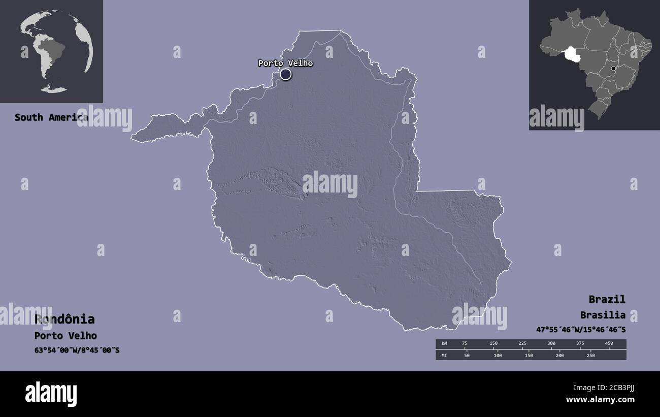 Shape of Rondônia, state of Brazil, and its capital. Distance scale ...