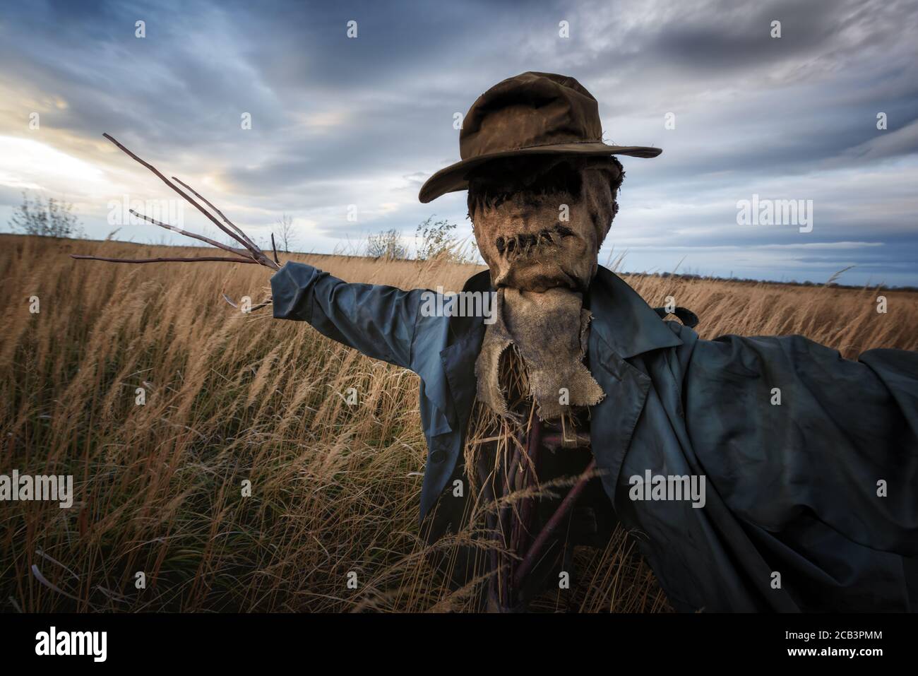 Terrible scarecrow in dark cloak and dirty hat stands alone in a autumn ...