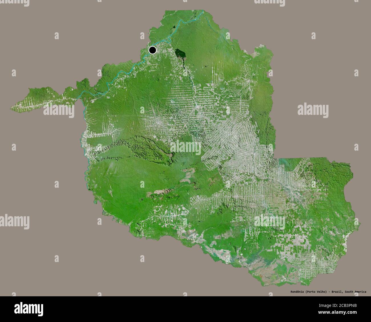 Shape of Rondônia, state of Brazil, with its capital isolated on a ...