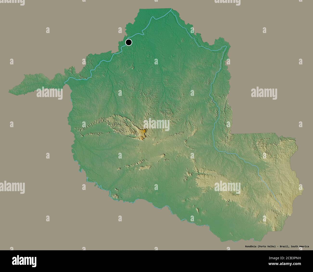 Shape of Rondônia, state of Brazil, with its capital isolated on a ...