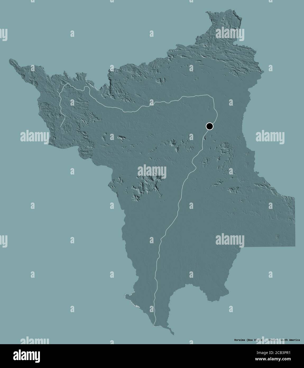 Shape of Roraima, state of Brazil, with its capital isolated on a solid color background ...