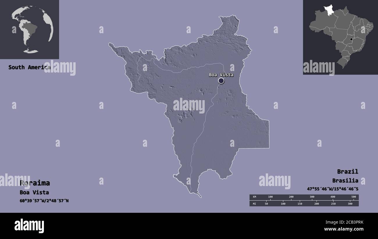 Shape of Roraima, state of Brazil, and its capital. Distance scale, previews and labels. Colored ...