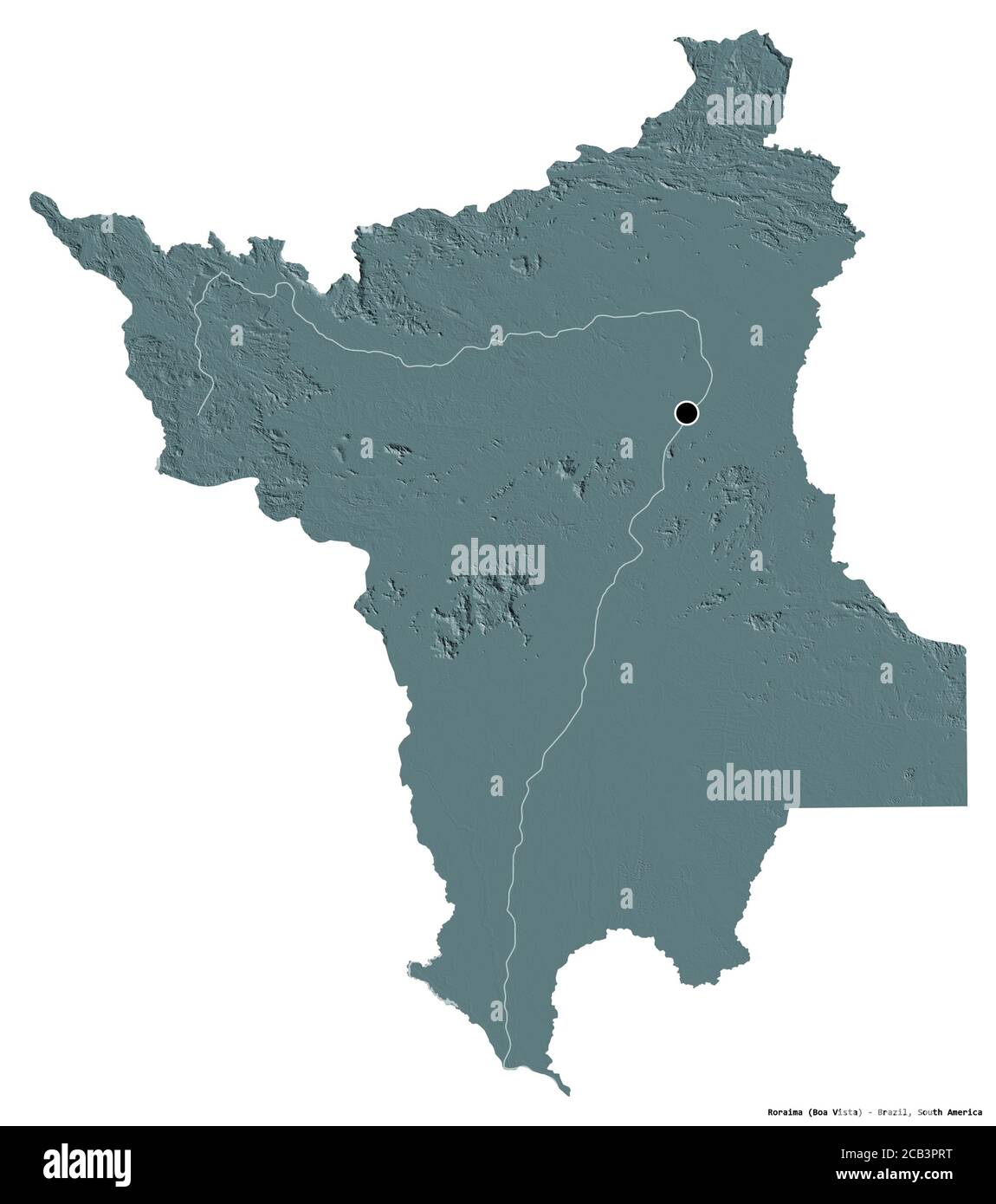 Shape of Roraima, state of Brazil, with its capital isolated on white background. Colored ...