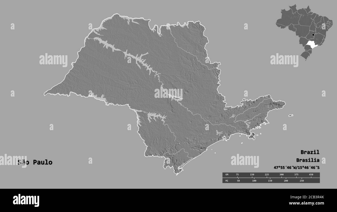 Shape of São Paulo, state of Brazil, with its capital isolated on solid ...