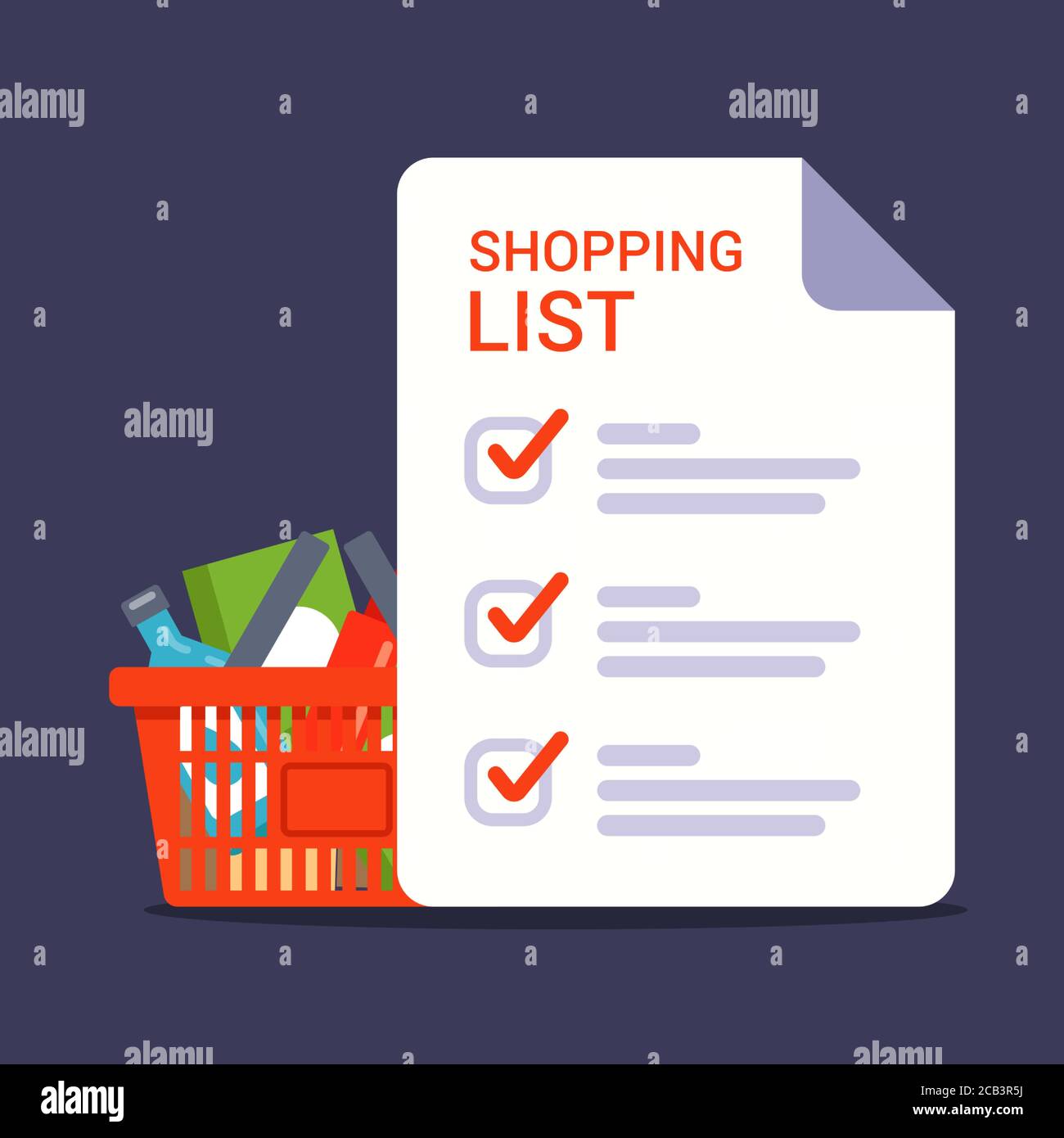 grocery list for shopping in the store. shopping list with marks. flat ...