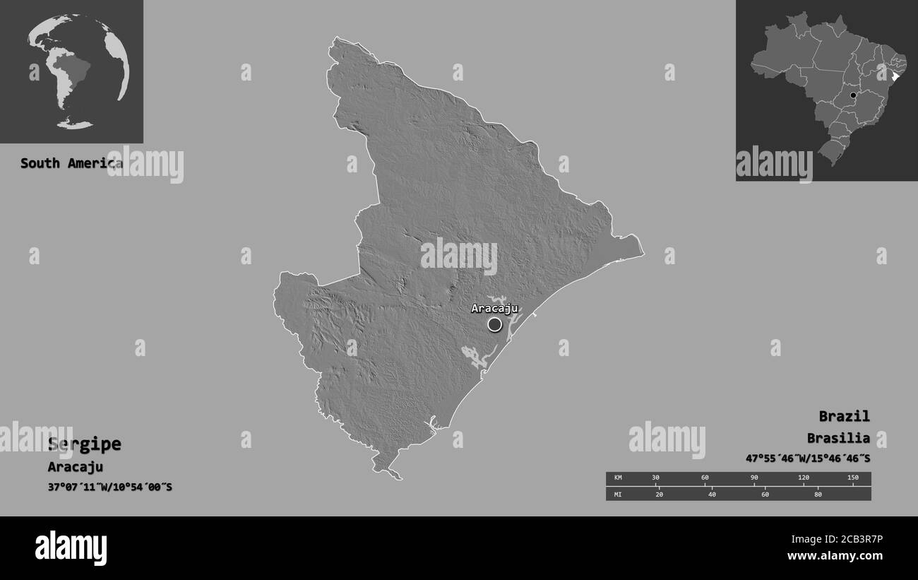 Shape of Sergipe, state of Brazil, and its capital. Distance scale ...