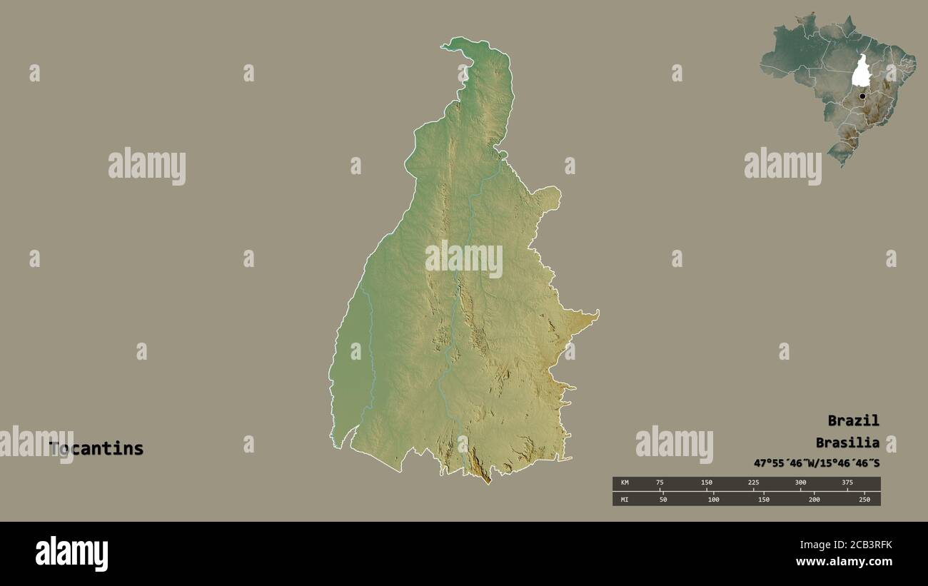 Shape of Tocantins, state of Brazil, with its capital isolated on solid ...