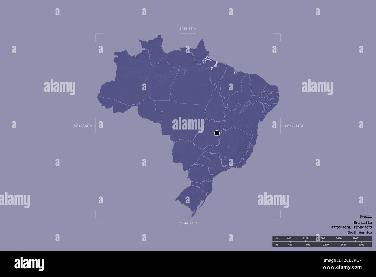 Area of Brazil isolated on a solid background in a georeferenced ...