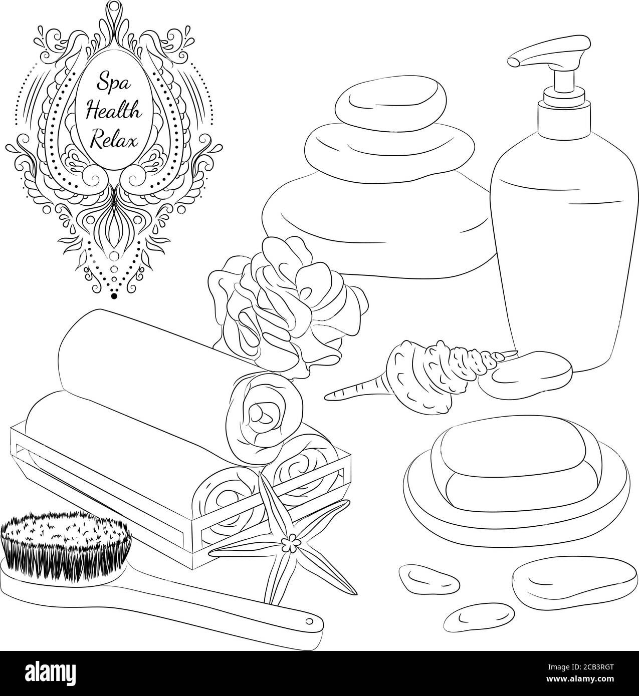 Vector illustration with accessories for bath and spa. Line art ...
