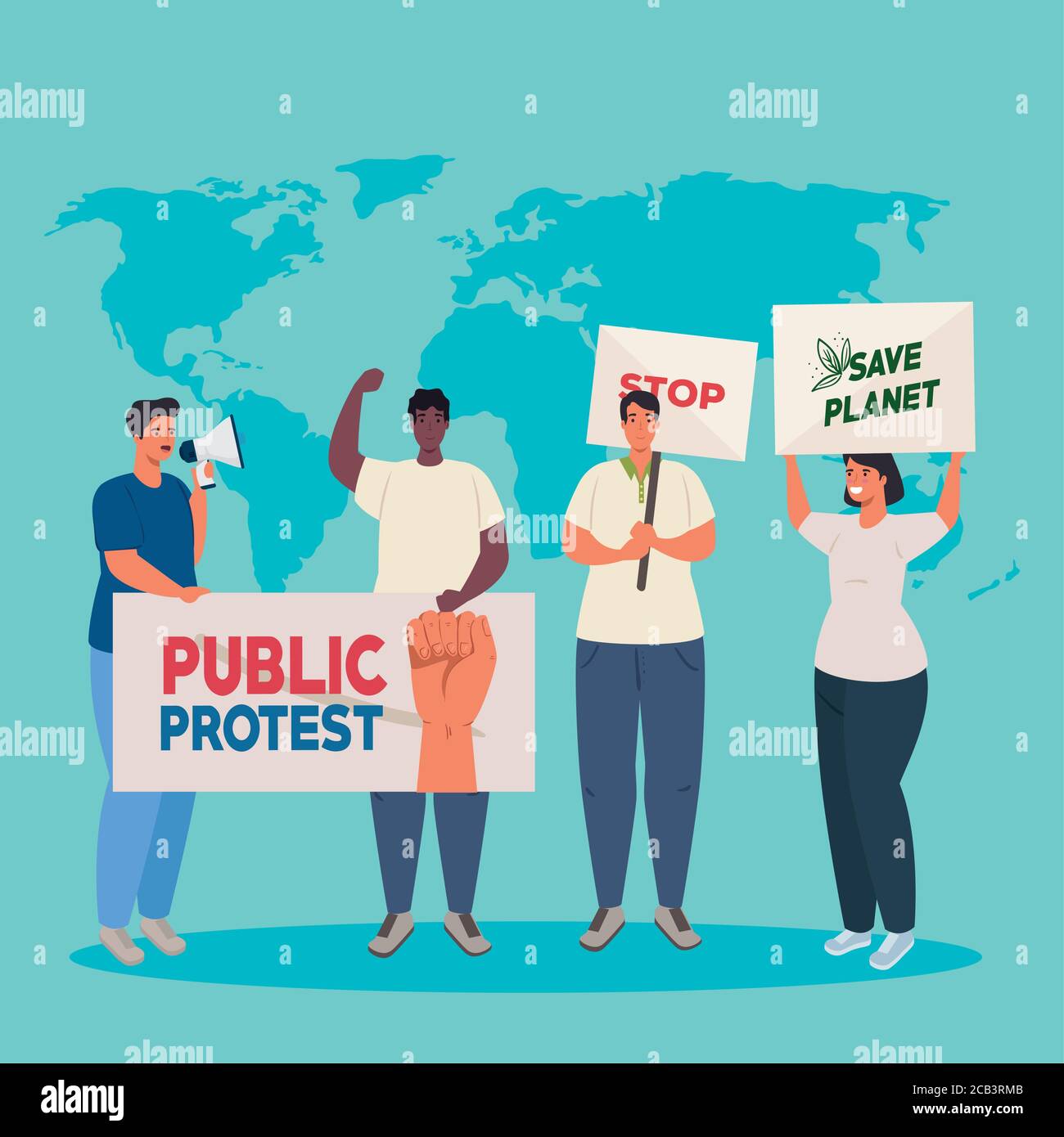 group people with protests placards, and map world on background, human ...