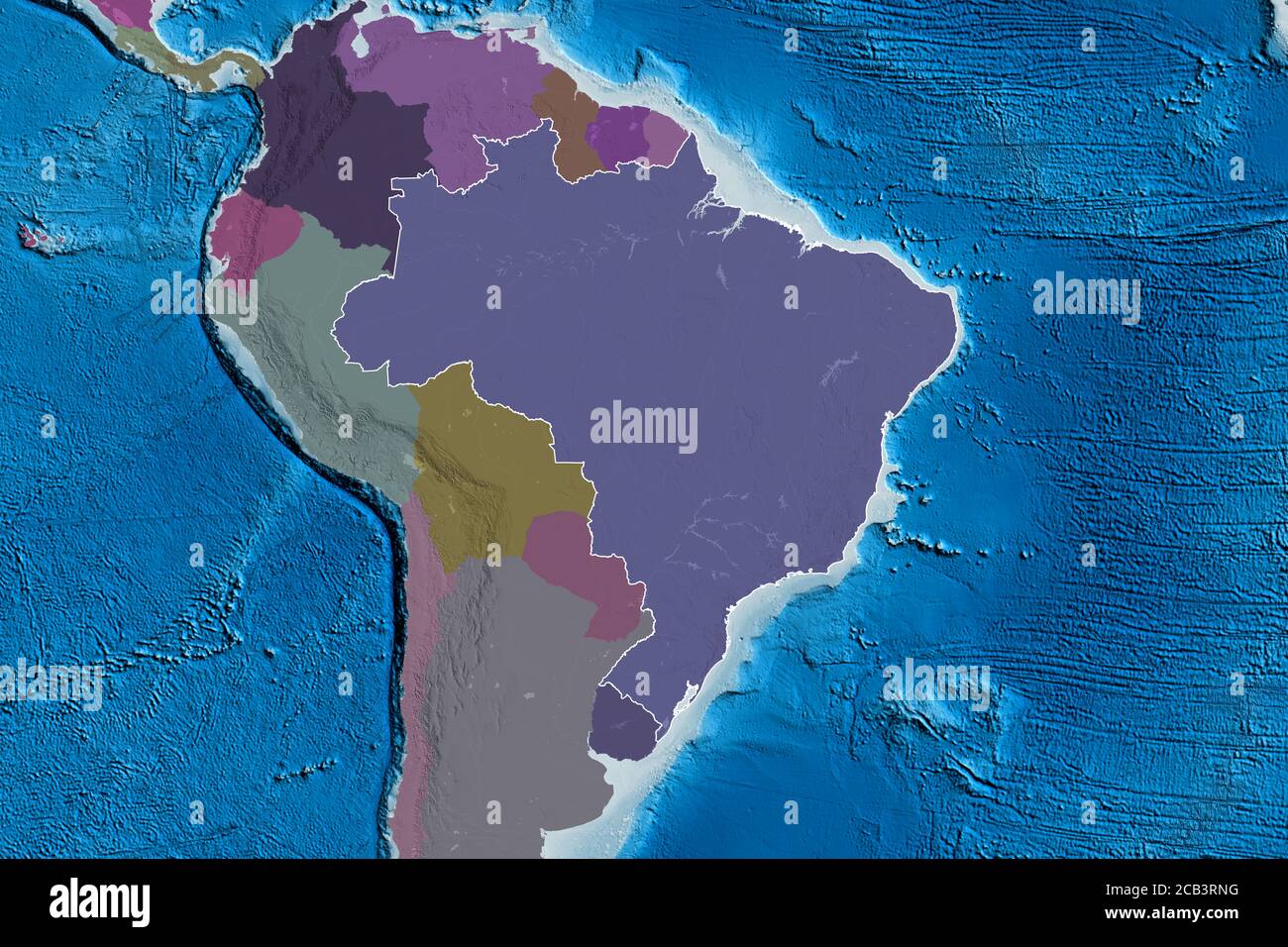 Extended area of outlined Brazil. Colored elevation map. 3D rendering ...