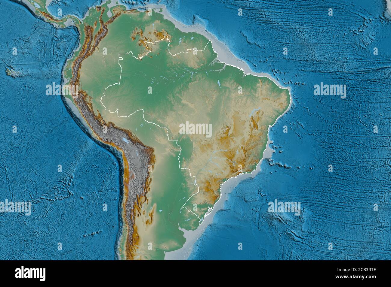 Extended area of outlined Brazil. Topographic relief map. 3D rendering ...