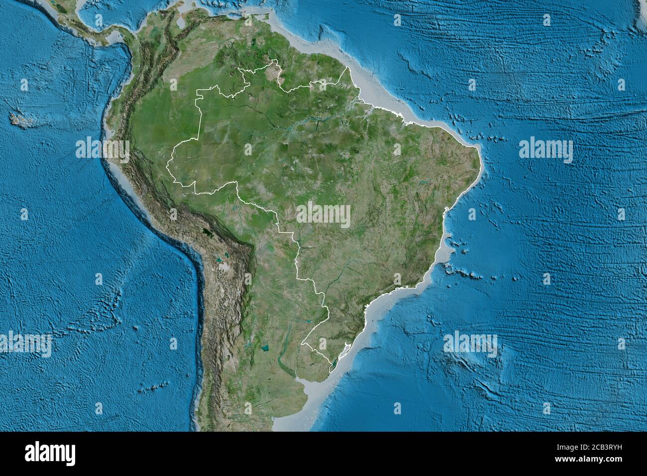 Extended area of outlined Brazil. Satellite imagery. 3D rendering Stock ...