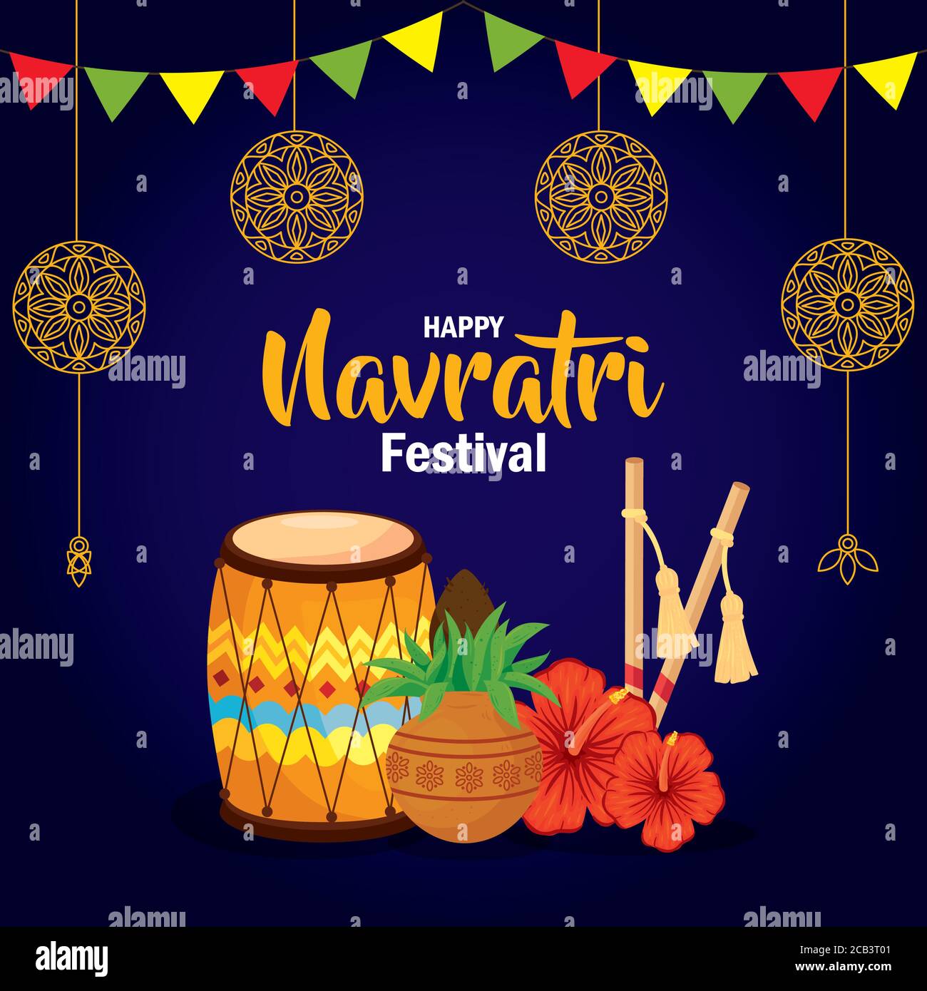 happy navratri celebration poster with dhol and decoration Stock Vector ...