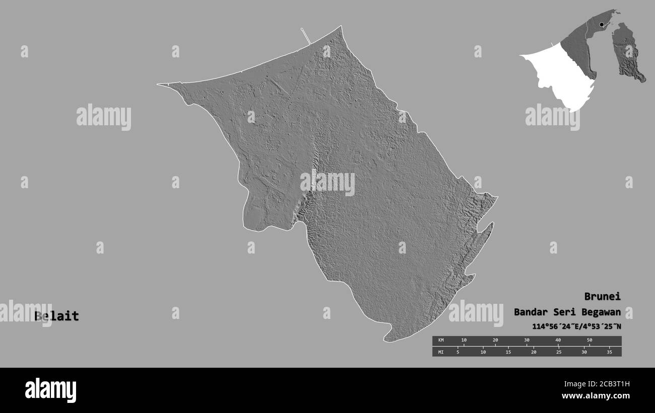 Shape of Belait, district of Brunei, with its capital isolated on solid ...