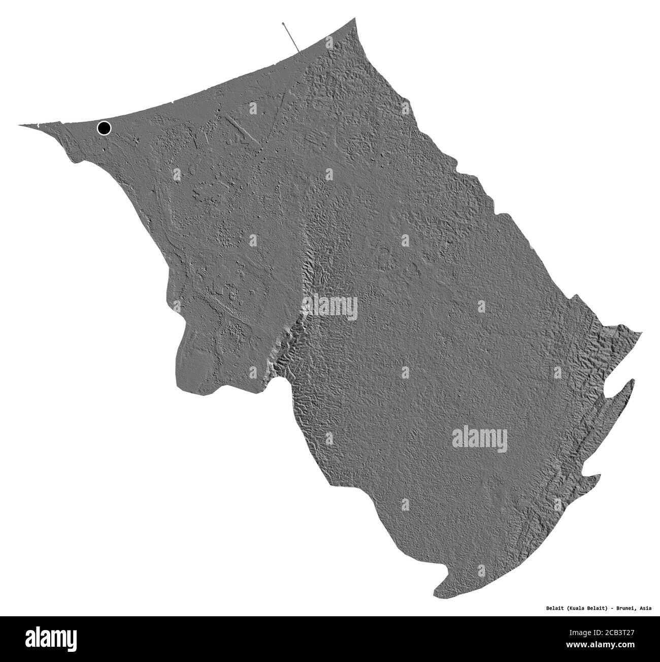 Shape of Belait, district of Brunei, with its capital isolated on white ...