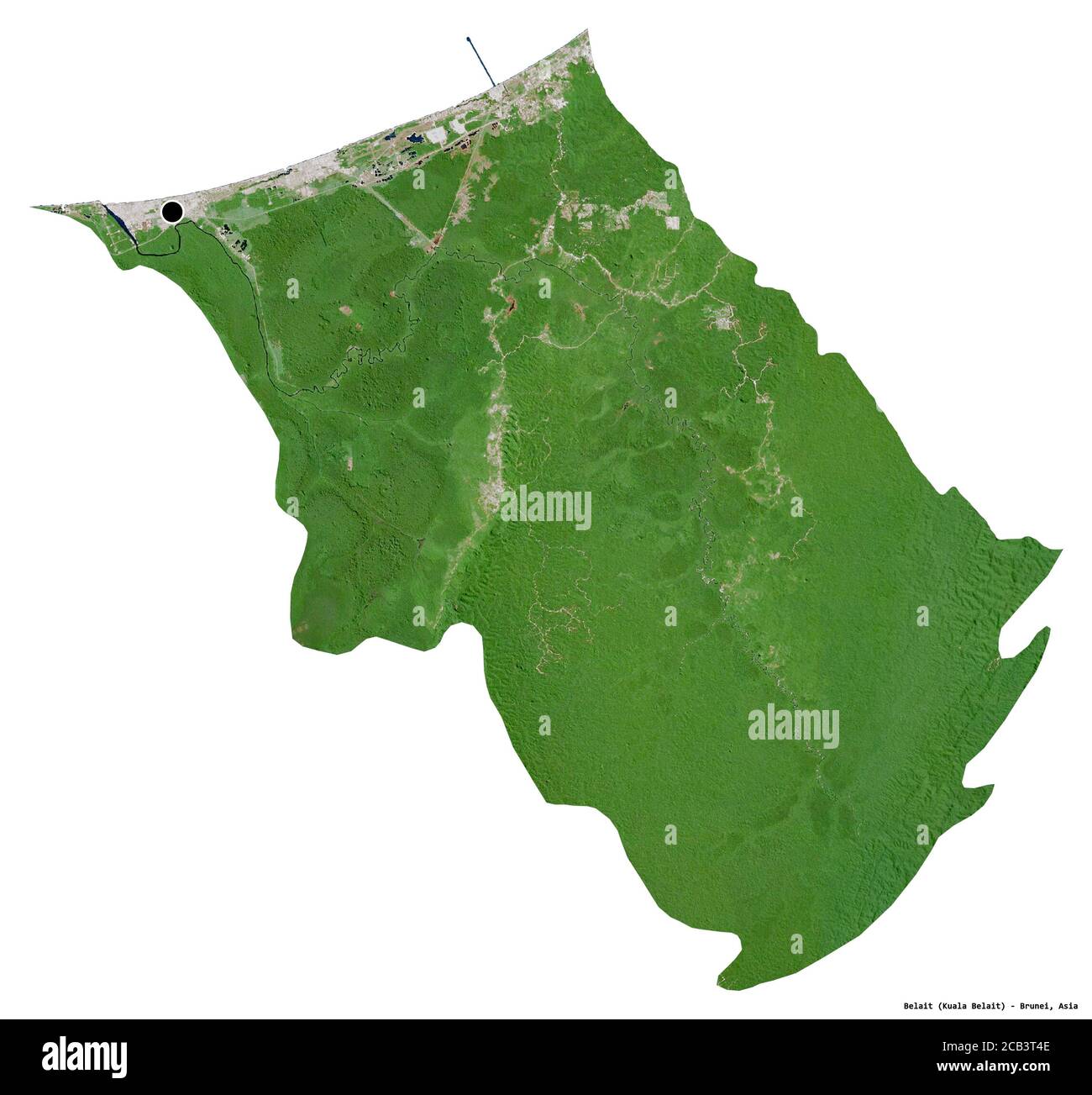 Shape of Belait, district of Brunei, with its capital isolated on white ...