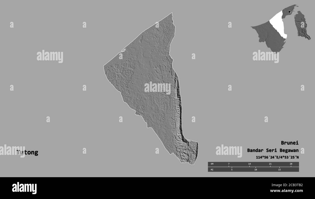 Shape of Tutong, district of Brunei, with its capital isolated on solid ...