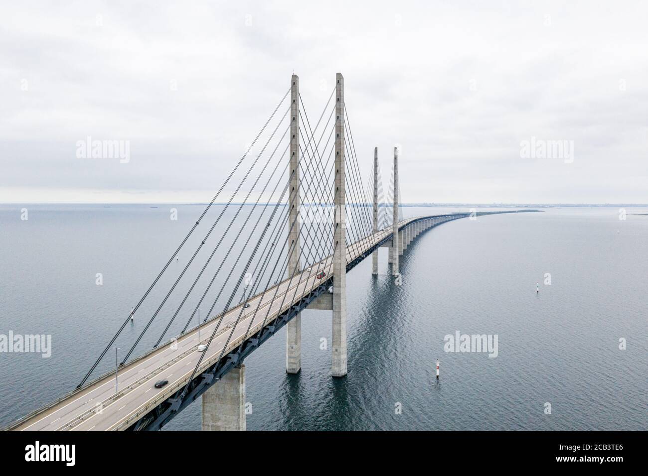 Scenic bird's eye view of the Oresund Bridge across the Oresund strait ...