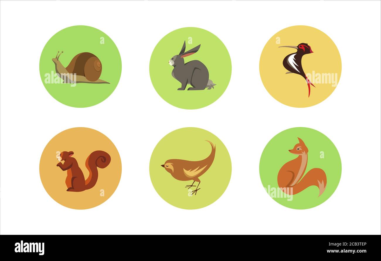 Set of six colorful circle icons of cute forest animals on white ...