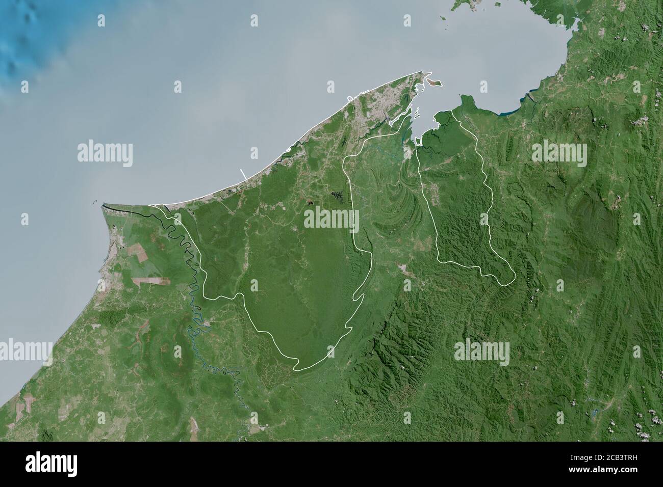 Extended area of outlined Brunei. Satellite imagery. 3D rendering Stock ...